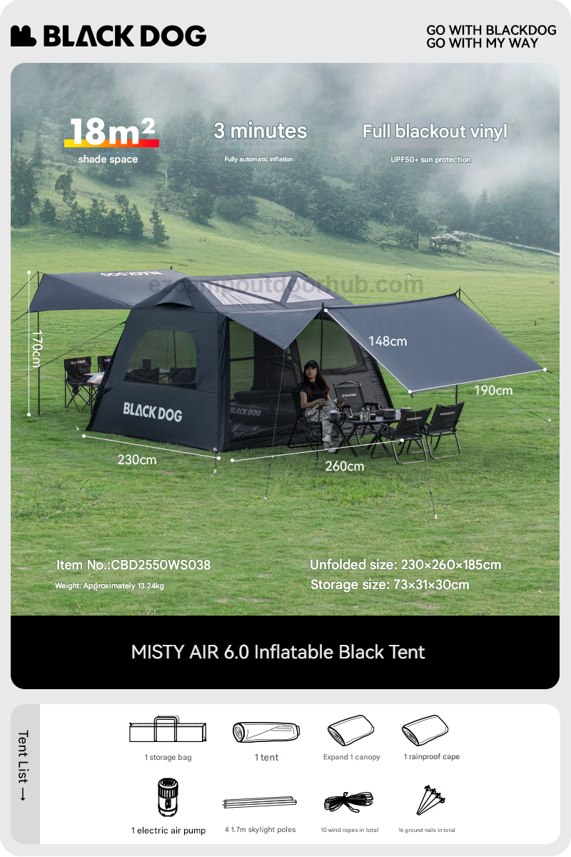 Blackdog MISTY AIR 6.0 Inflatable Black Tent 4 Person Fast Build Built ...