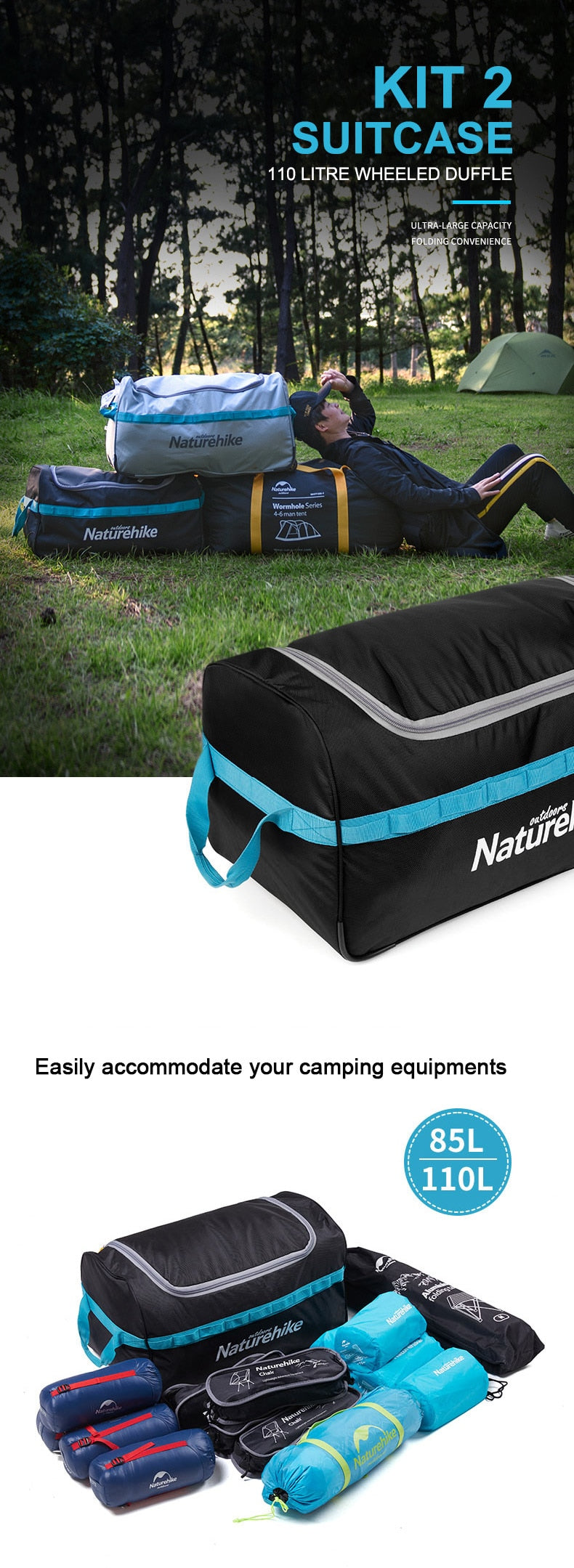 Naturehike Wheeled Large Storage Duffel Bag for Camping Travel 85/110L ...